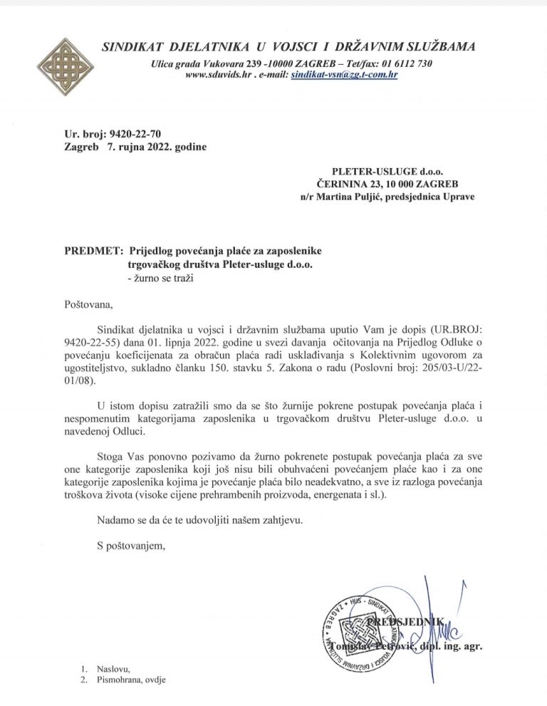 Dopis prema trgovačkom društvu Pleter-usluge d.o.o. u kojemu je ...